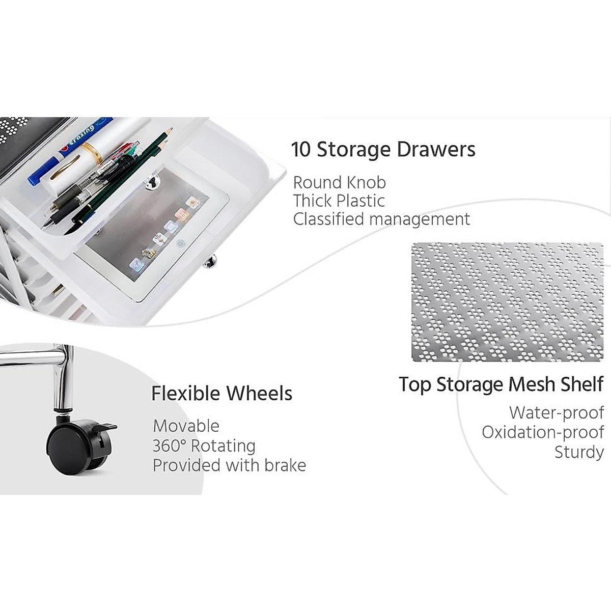 Yaheetech 10 Drawer Cart Rolling Plastic Storage Cart and Organizer Multipurpose Mobile Rolling Utility Storage Organizer for Home Office School and Workshop, White