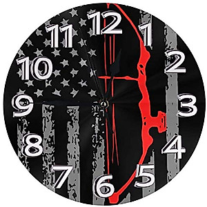 BUSHUO Archery Bow Hunting Us Flag Wall Clock Waterproof Decorative Clocks Lightweight Clock with Roman Numeral Hands Durable Round Wall Clock for Living Room Classroom Patio Bedroom