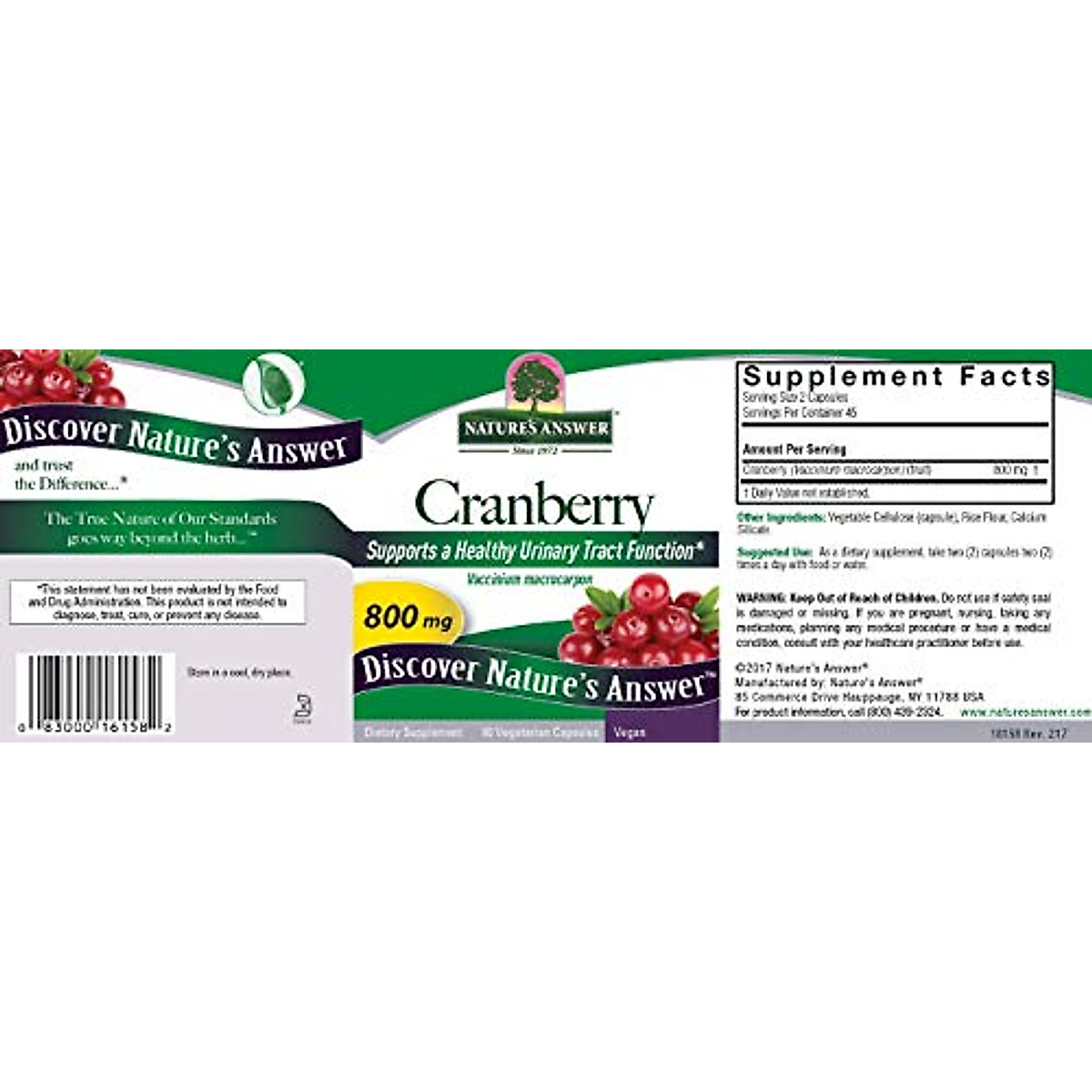 Nature's Answer Cranberry Fruit Vegetarian Capsules, 90-Count | Promotes Urinary Tract Support | Healthy Bladder Function | Natural Detoxifier