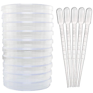 MEETOOT 10pcs Disposable Plastic Petri Dish 90x15mm with 5 2ml Thickened Plastic Transfer Pipettes for School Science Fair Project and Party