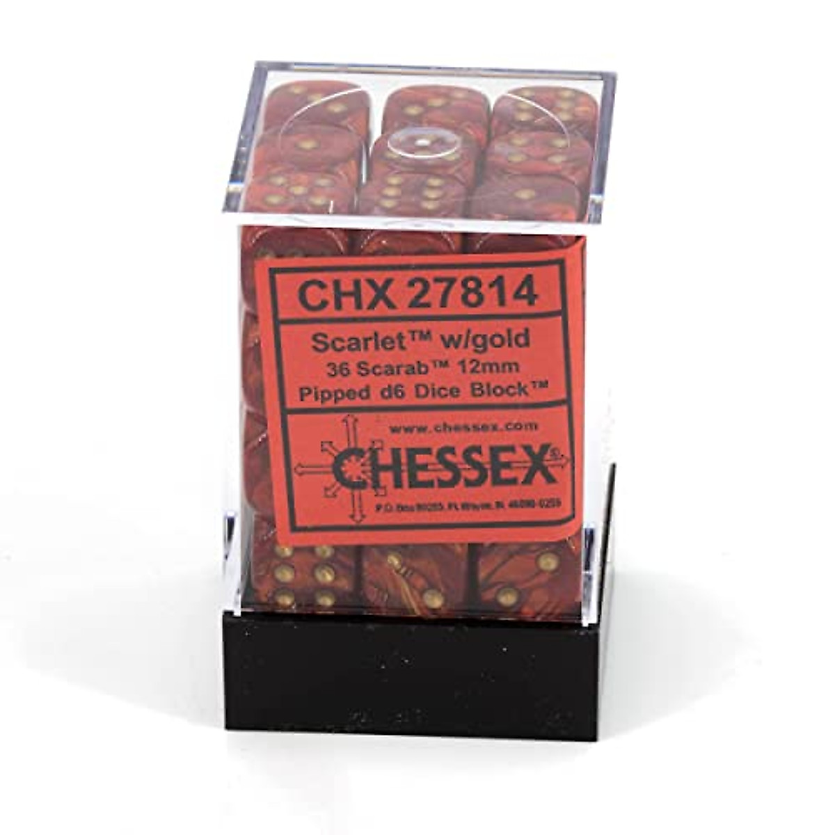 Chessex Dice d6 Sets: Scarab Scarlet with Gold - 12mm Six Sided Die (36) Block of Dice
