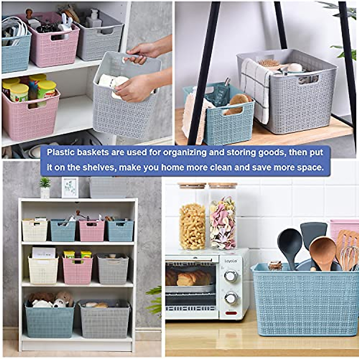 AYSUM 8 Pack Plastic Storage Basket, 9.7 x 6.5 x 5.5 Inch, Small Plastic Baskets Stackable Plastic Woven Organizer Bins for Toys, Pantry, Kitchen, Bedroom, Bathroom - Blue