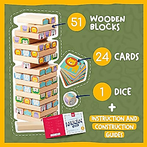 Nene Toys Wooden Block Stacking Game – 4-in-1 Tumble Tower Family Board Game with Building Blocks, Cards and Dice – African Safari Educational Wooden Toy for Kids 3-9 Years Old About Animals