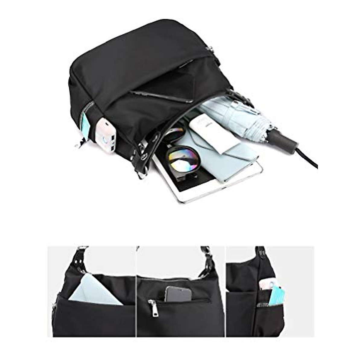 Womens Handbags Crossbody Bag Lightweight Nylon Hobo Purses Casual Shoulder Messenger Bag for Grils Waterproof Black