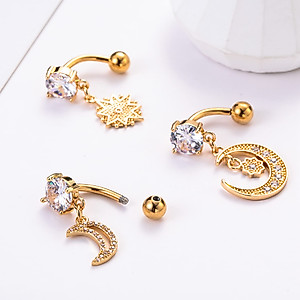 Masedy 9Pcs 14G Stainless Steel Dangle Belly Rings for Women Reverse Navel Rings Curved Barbell Body Piercing Jewelry Gold