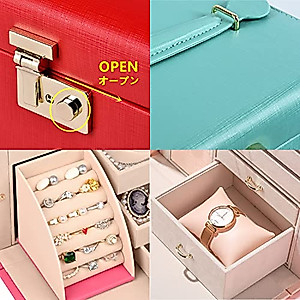SANSREPONSE Jewelry Box Large Organizer Faux-Leather with Mirror Drawers Lock Gift for Women (TF Blue-L)