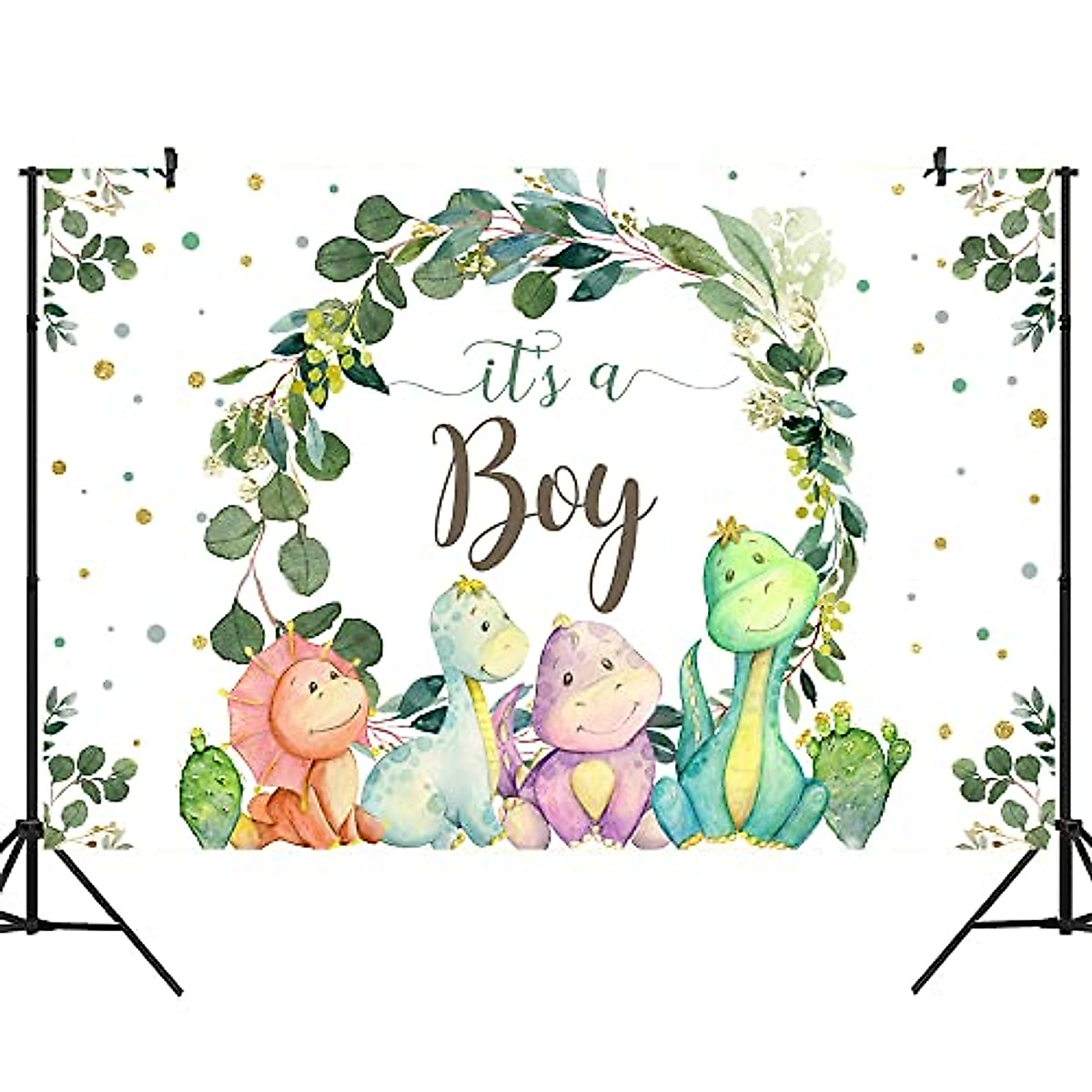 9x6ft It's a Boy Backdrop Baby Shower Cartoon Dinosaur Cactus and Eucalyptus Leaves Photography Background Kids Party Supplies Cake Table Decor Banner Photobooth Props Gift Favors