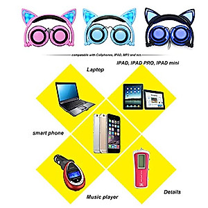 Wired Over-Ear Foldable Headphones Cat Ear Earphones with LED Light for Girls,Children.Compatible for Mp3 Mp4 Player,iPhone 6S,Android Phone.