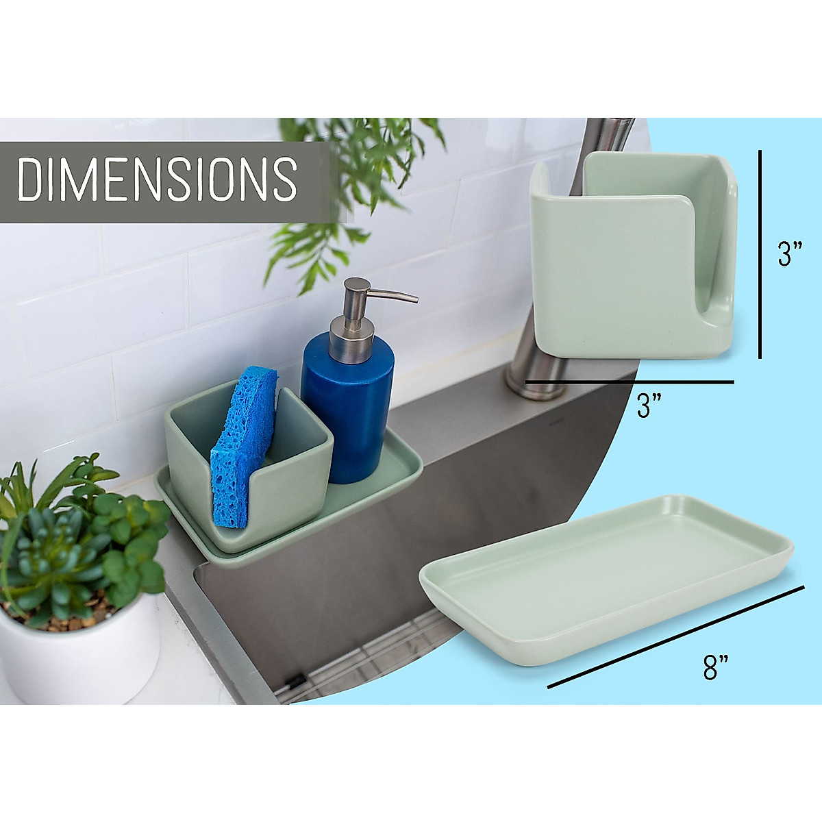 Nat & Jules Kitchen & Bathroom 8 x 4.5 Ceramic Sink Caddy Set of 2 - Stylish Household Essentials for Organization and Storage for Shower, Mudroom, Bath & Kitchen Counter Sink, Sage Green