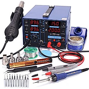 YIHUA 853D 2A USB SMD Hot Air Rework Soldering Iron Station, DC Power Supply 0-15V 0-2A with 5V USB Charging Port and 35 Volt DC Voltage Test Meter