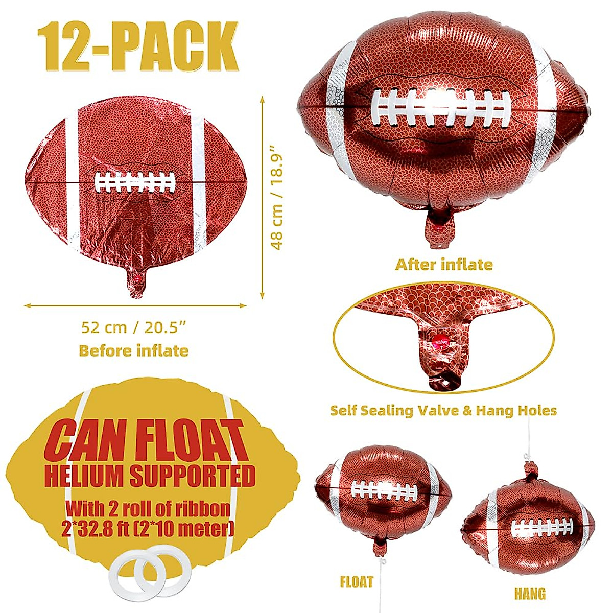 Deermon Super 12 Pack 20 Inches American Football Rugby Mylar Foil Balloons, Sports Themed Brown Football Decoration Party Helium Aluminum Balloon