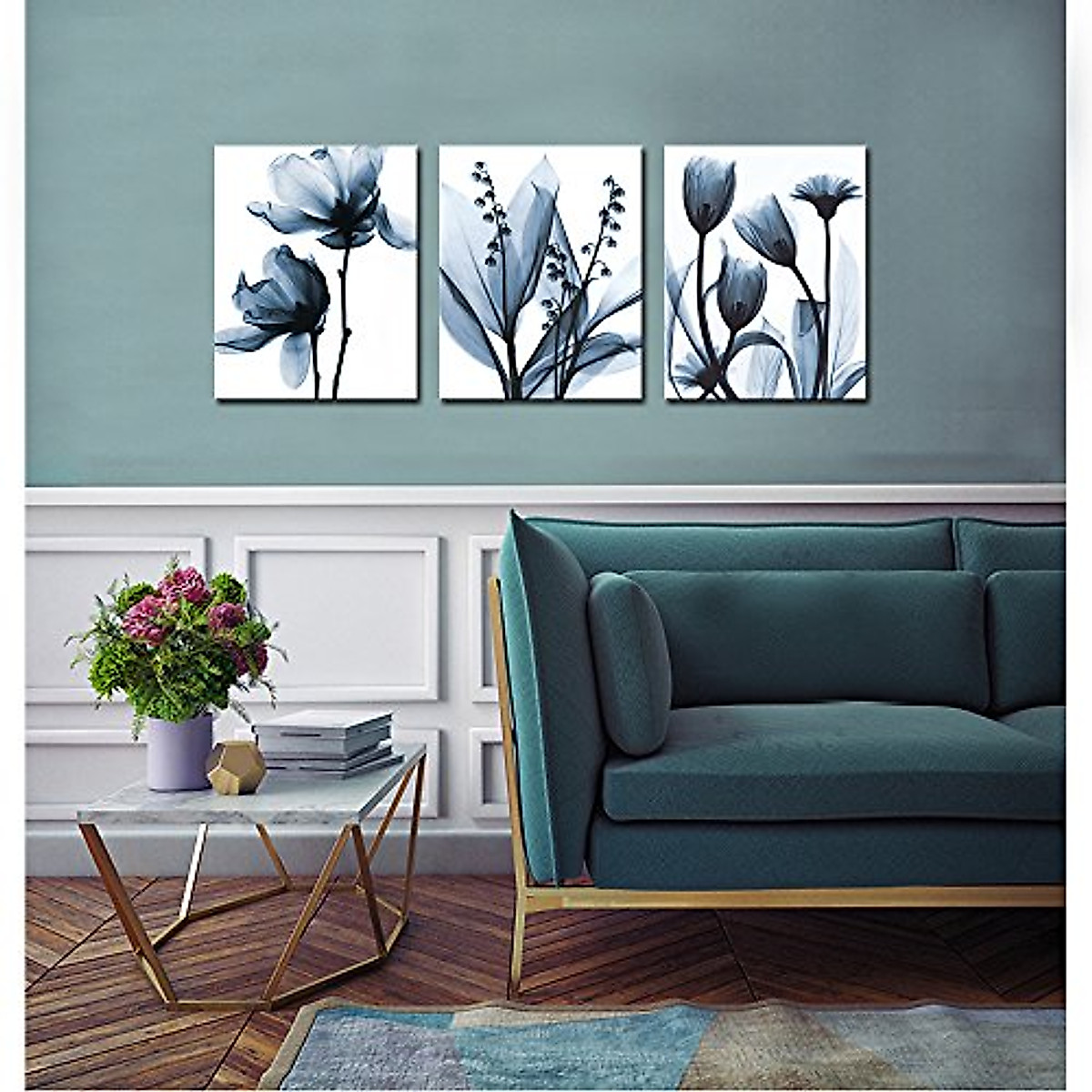 sechars - Modern Canvas Art Wall Decor,Blue Flower Picture Printed on Canvas Painting,Abstract Floral Artwork Bedroom Decoration,Stretched and Framed Ready to Hang