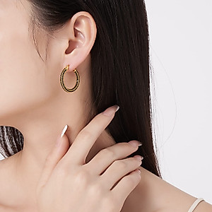 925 Sterling Silver Post Hoop Earrings for Women Gilrs Black Cubic Zirconia 14K Gold Plated Chunky Gold Hoop Earrings weinuo Jewelry