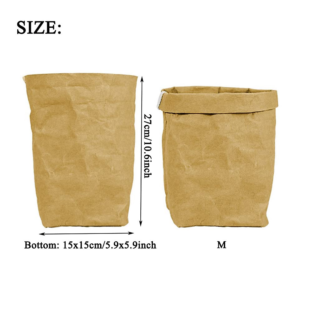 AKOAK 1 Pack Washable Kraft Paper Bag, Multifunctional Home Wear-resistant Storage Bag, Shopping Bag, Plant Flower Pot, Reusable Eco-friendly Food Bag (khaki)