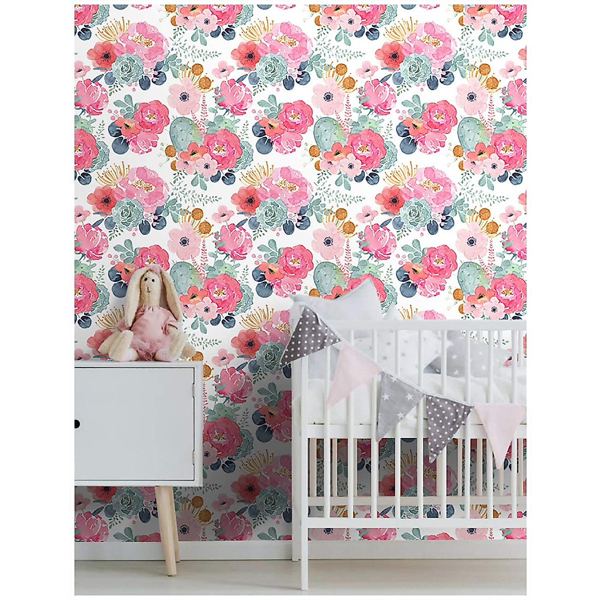 HAOKHOME Floral Wallpaper Peel and Stick Watercolor Cactus White/Pink/Green/Navy Blue Vinyl Self Adhesive Contact Paper Decorative 17.7in x 9.8ft