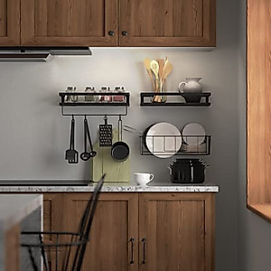 Richer House Floating Shelves with Wire Basket, Rustic Wall Shelves with Removable Towel Bar, Black Bathroom Shelves for Wall Decor, Kitchen, Living Room, Bedroom