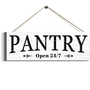 Creoate Pantry Sign Wall Art Home Farmhouse Pantry Room Decor White Farm Pantry Wood Sign with Quotes Pantry Open 24/7" - Rustic Wood Hanging Wall Plaque Pantry Decor