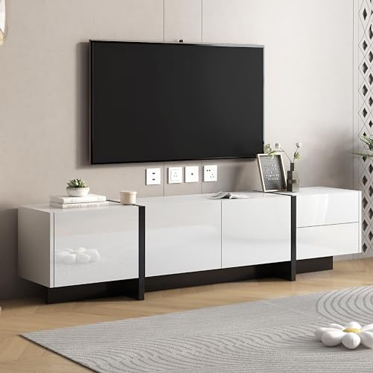 Contemporary High Gloss TV Console Table for Television Up to 80", Wood Entertainment Center with Storage Cabinet and Drawers, TV Cabinet Media Console Cabinet for Living Room Game Room, White