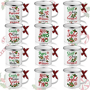 Shellwei 12 Pcs Christmas Enamel Mugs Christmas Holiday Coffee Mug Set Camping Coffee Mug Bulk 12 oz Metal Enamel Coffee Cups Travel Mugs Christmas Decoration Gift for Home Diner Birthday Wedding
