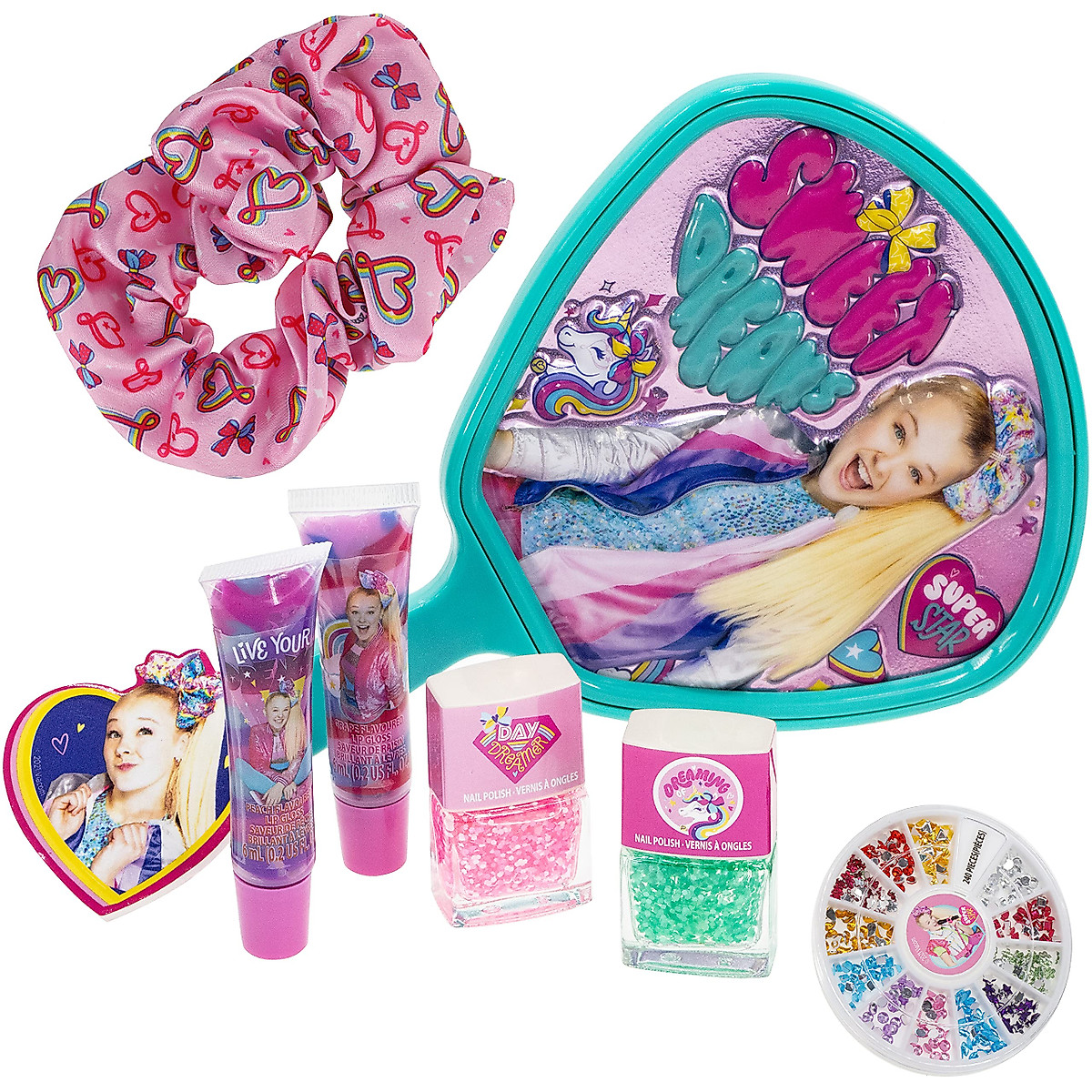 JoJo Siwa - Townley Girl Backpack Cosmetic Activity Set for Girls, Ages 3+ Makeup Hair Salon Kit Including Scrunchie, Mirror, Nail Polish, Lip Gloss and More, for Parties, Sleepovers and Makeovers
