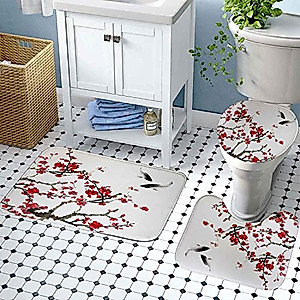 Dia Magico 4PCS Cherry Blossom Shower Curtain Set, Japanese Sakura Plum Blossom Red Flower Floral Branch Carp Koi Fish Asian Bathroom Decor, Waterproof Fabric White Shower Curtain, Non-Slip Bath Mat