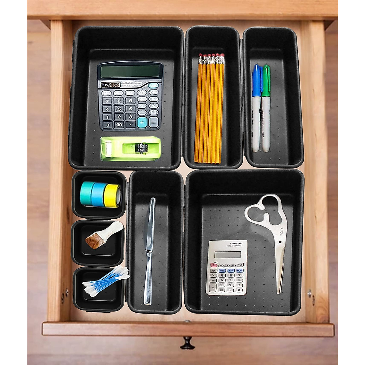 HOME-X Connecting Organizer Trays, Set of Interlocking Adjustable Trays for Organizing Office Supplies and Kitchen Utensil Drawers, Set of 8, 3 Sizes, Black