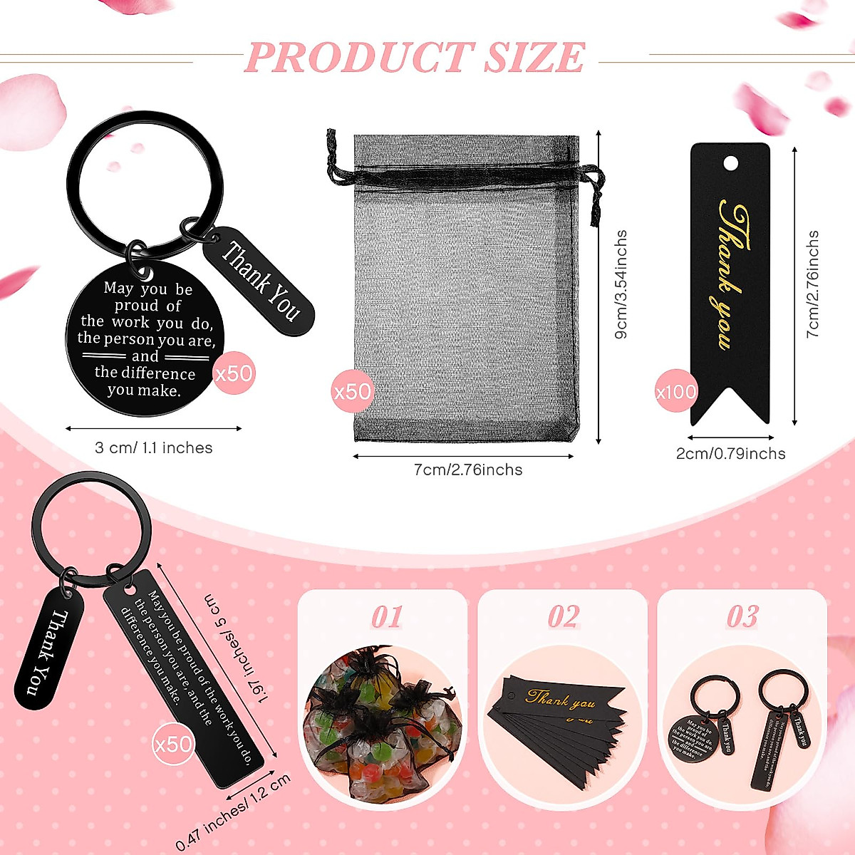 Yinkin 300 Pcs Christmas Employee Appreciation Gift Thank You Keychain Bulk Gifts for Coworker 100 Inspirational Staff Appreciation Keychain 100 Organza Bags 100 Cards for Teacher Nurse Team(Black)