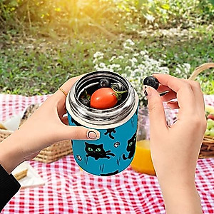 CUPADA Black Cat Kitten Cartoon Food Jar, Cute Claw Scratch Insulated Hot Food Jars Vacuum 17OZ with Folding Spoon for Work Trip Picnic Camping