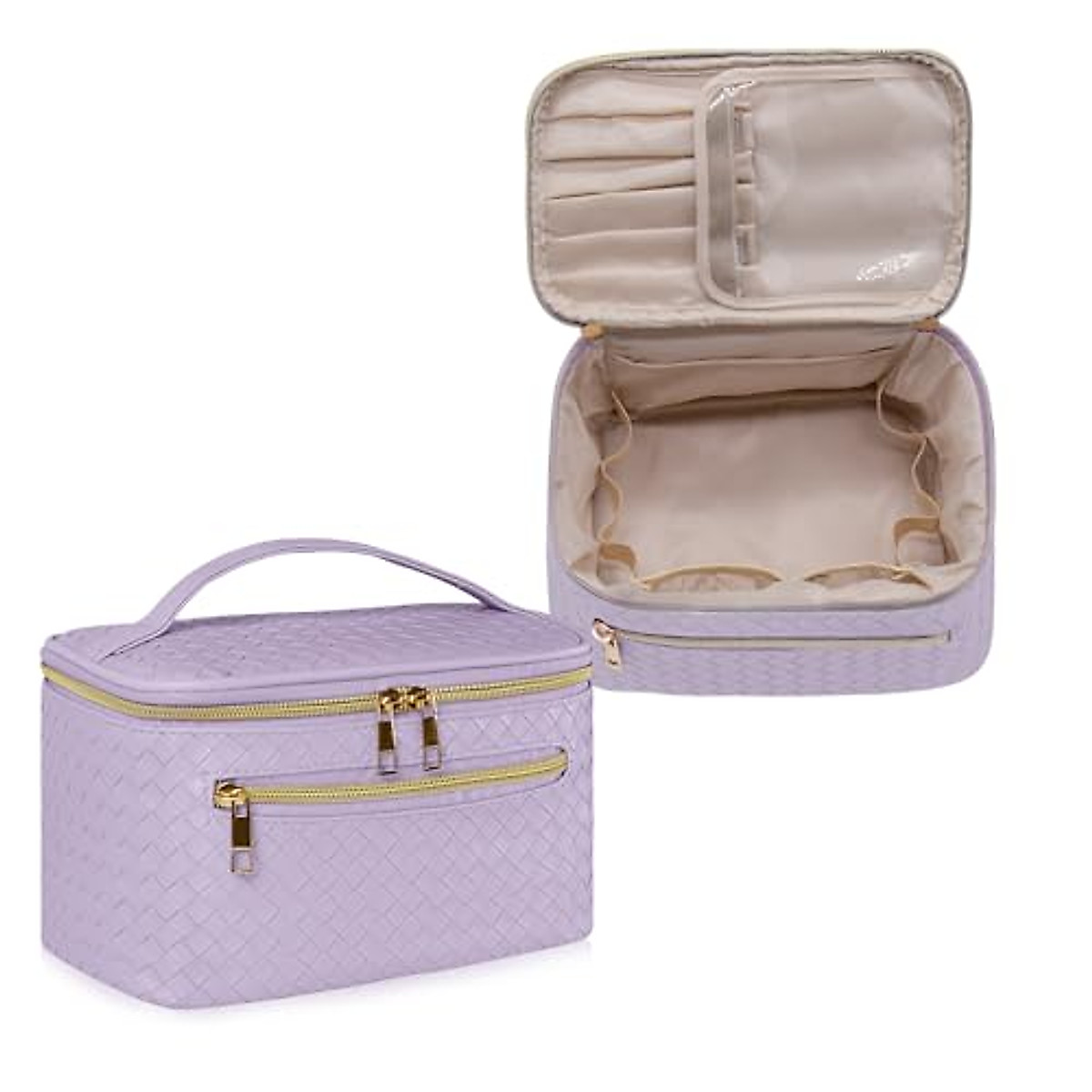 QFDS Makeup Bag,Travel Make Up Organizer Cosmetic Brush Bags Case for Women in Durable and PU Woven Plaid Leather,Portable Cosmetic Bag With Zipper Pocket (Purple)