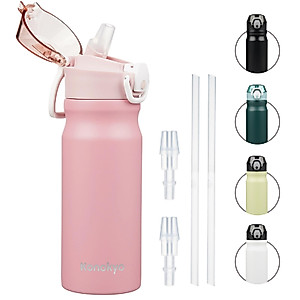 Konokyo Insulated Water Bottle with Straw and Carry Loop,18 oz Stainless Steel Double Wall Vaccum Metal Water Flask with Leak-proof Lid,Pink