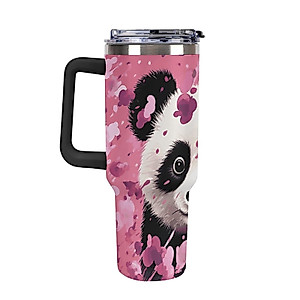 NVBSKKDH Pink Panda Cotton 40 Oz Stainless Steel Tumbler with Handle & Straw Double-Walled Vacuum Insulated Travel Mug for Hot/Cold Drinks, Reusable Thermal Cup for Car Cup Holder