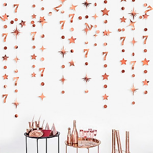 Rose Gold 7th Birthday Decorations Number 7 Circle Dot Twinkle Star Garland Metallic Hanging Streamer Bunting Banner Backdrop for Girls Boys Seven Year Old Birthday 7th Anniversary Party Supplies