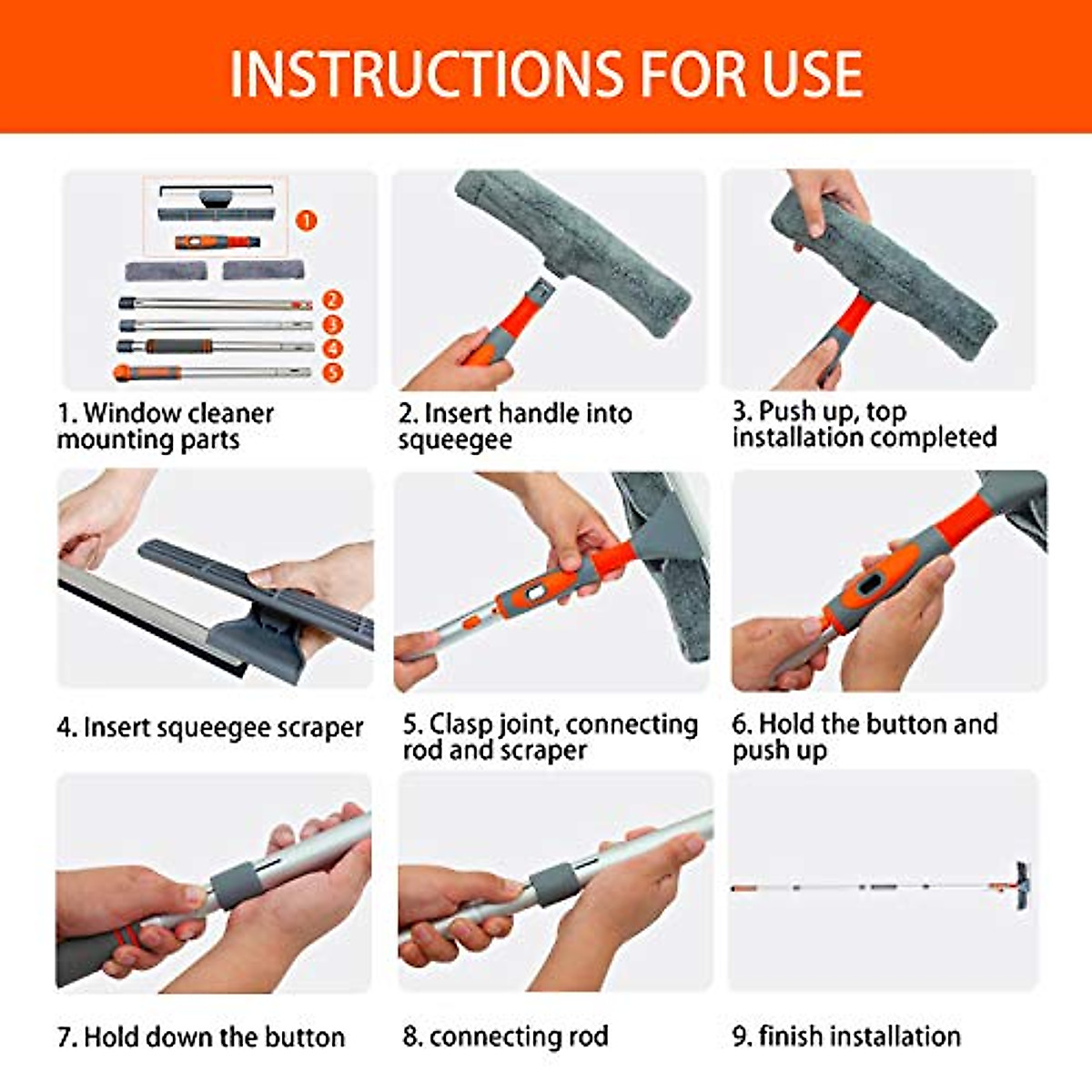 Professional Window Squeegee Cleaner, 2 in 1 Shower Squeegee with Extension Pole, 62‘’ Telescopic Window Washing Equipment with Bendable Head, Glass Cleaning Tools for Indoor/Outdoor High Window