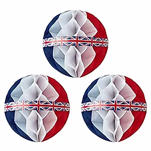 3pcs King Charles III Coronation Pie Decoration Tissue Balls, King Charles III Coronation Hanging Honeycomb Decorations Balls, White Blue Red Wall Decoration for His Majesty's Coronation Event