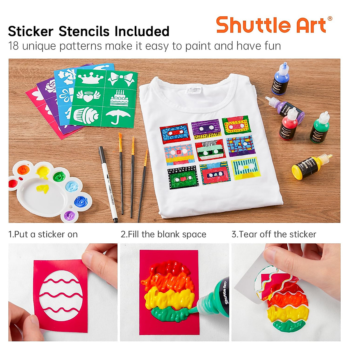 Shuttle Art Fabric Paint Set, 45 Colors 3D Permanent Paint with Brushes Palette Fabric Pen Fabric Sheet Stencils, Glow in The Dark, Glitter,Metallic Colors for Textile Fabric T-Shirt Jeans Glass