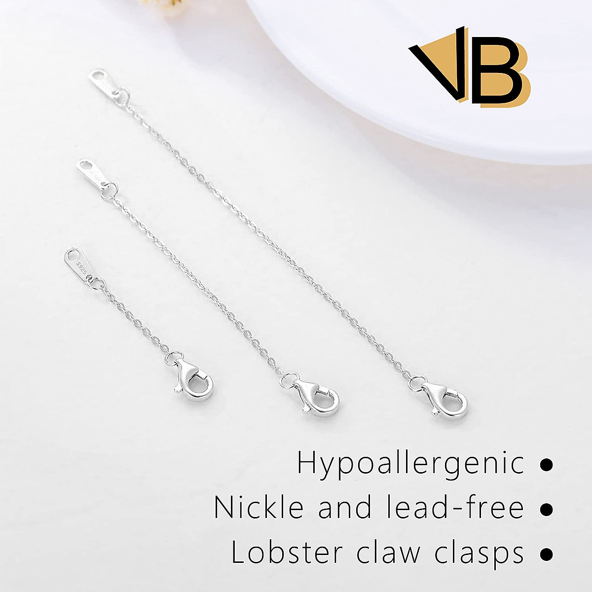 Sterling Silver Necklace Extenders for Women Necklace Extender Silver Chain Extension Bracelet Extender Sterling Silver Chain Extenders for Necklaces 3 Piece Set（1, 2, 3 inch）