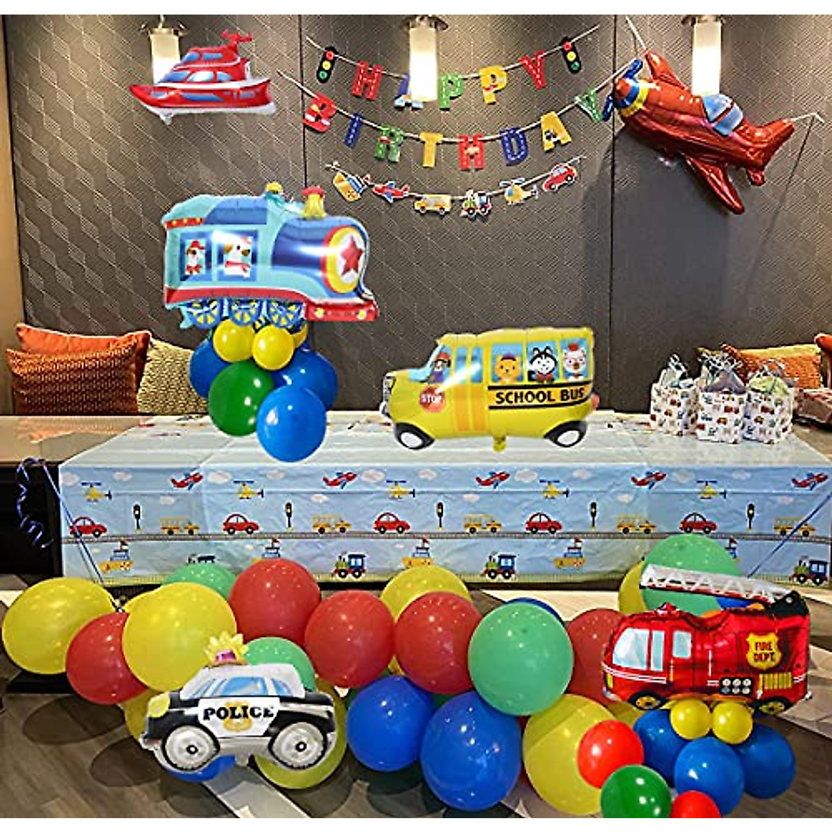 BIRLON Construction Birthday Party Supply, Transport Vehicle Theme Decoration for Boy Baby Shower, Red Green Yellow Blue Balloon Garland Arch Kit Car Reusable Truck Plane Train Police School Bus Foil