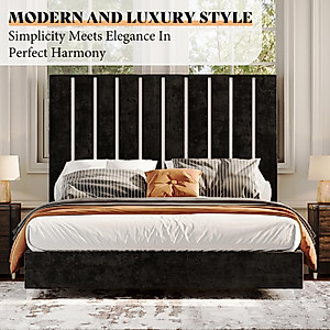 AMERLIFE King Bed Frame with 58" Tall Headboard, Silver Mirror-Plated Trim Platform Bed with Velvet Upholstered, Modern and Luxury Bed, No Box Spring Needed, Black