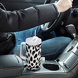 ODAWA 30 Oz Black White Leopard Tumbler Insulated with Handle and Straw, 2 in 1 Lid Insulated Steel Insulated Tumbler