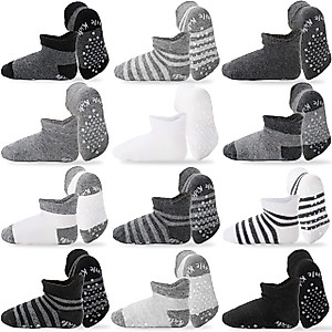 EBMORE Baby Toddlers Ankle Non Slip Grips Socks for Infant Boys Girls Kids Anti Skid Cotton Socks (Grey Striped（12 Pairs）,1-3 Y)