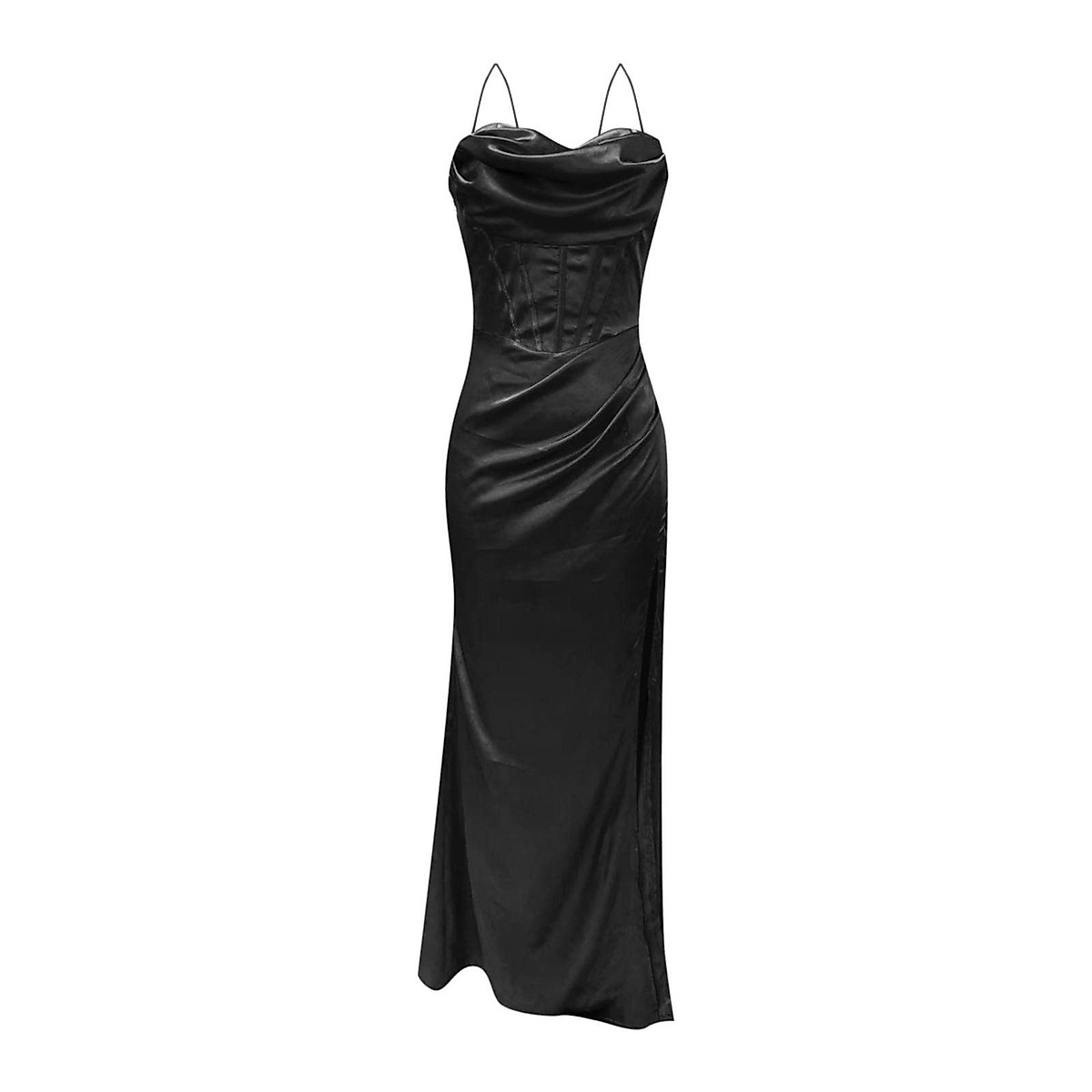 Business Dresses for Women Ladies Simulated Silk Sleeveless Back Strap Side Slit Long Suspender Dress Black