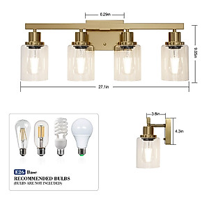 DIKAIDA Bathroom Vanity Light, 4-Light Modern Matte Gold Wall Sconce Lighting with Clear Glass Shade, Black Wall Lights,Bath Vintage Wall Mounted Lamps for Mirror Bedroom Living Room