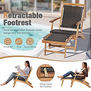 RELAX4LIFE Patio Lounge Chair Set - Outdoor Acacia Wood Chaise Lounge w/Side Table, Armrest & Retractable Ottoman, Rattan Seat, Tabletop, Quick Folding Sunbathing Chair for Backyard, Poolside (2)