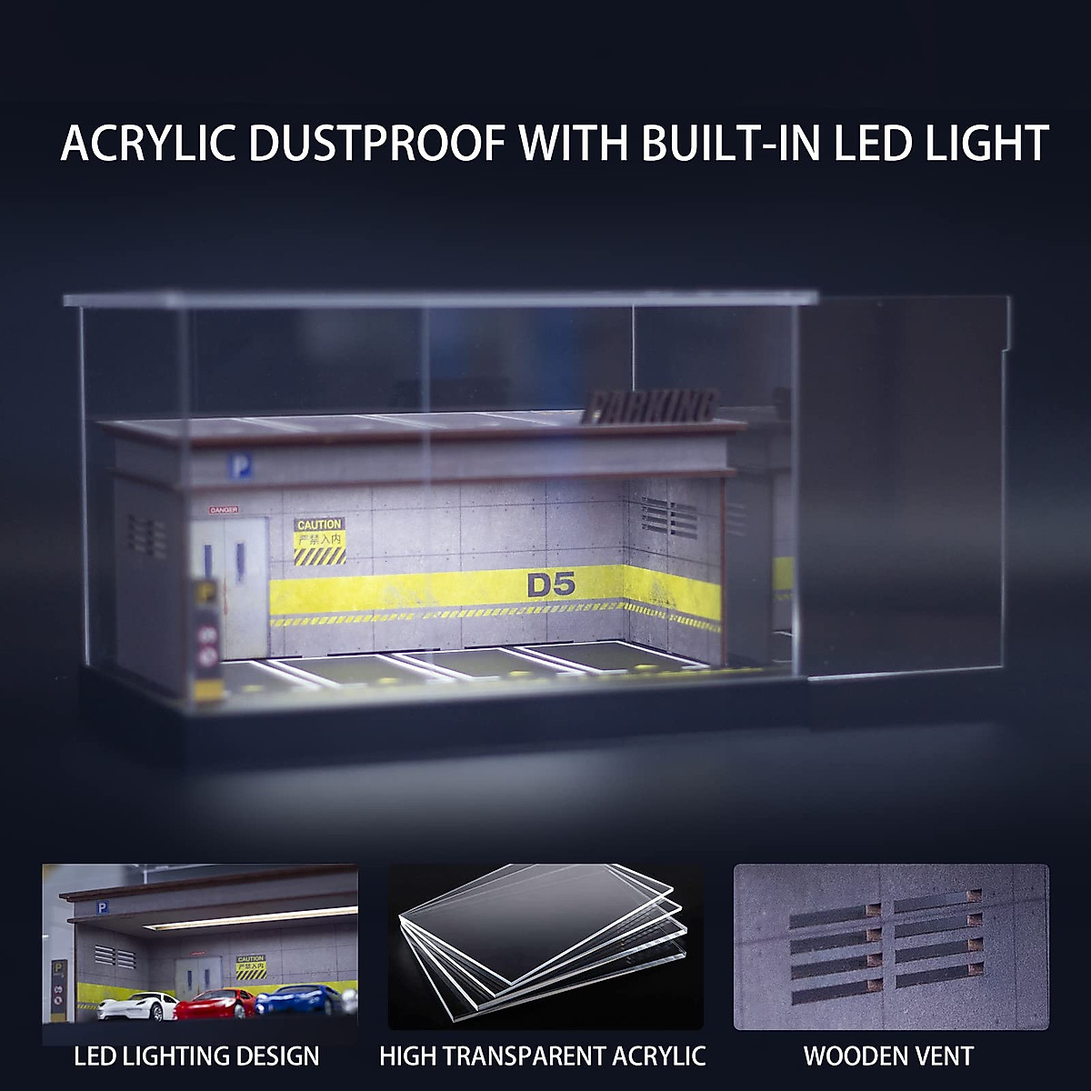 SIKIVOT 1/64 Scale Parking Lot Model Car，Die-cast Car Garage Display Case， Scale Garage Display Case，8 Parking Space with LED Light and Acrylic Cover (7641D5)