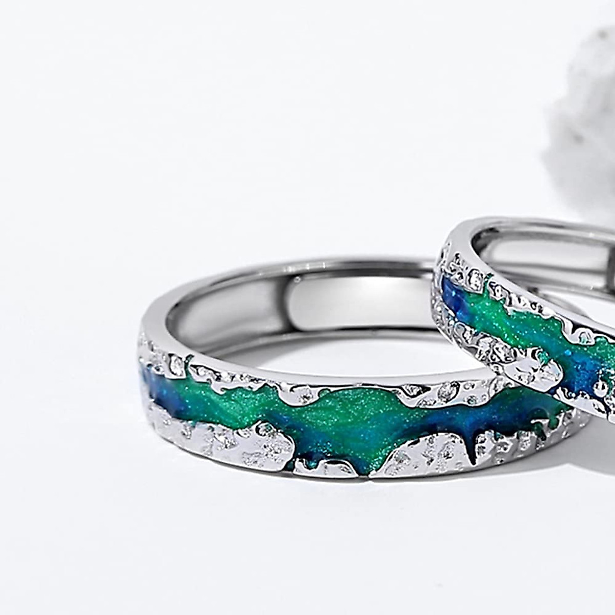 Kokoma Nothern Light Aurora Polaris Couple Rings for His & Hers Sterling Silver 925 Starry Sky Matching Promise Engagement Rings Wedding Rings Open Statement Band Adjustable