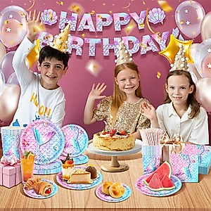 146Pcs Mermaid Plates and Napkins Mermaid Party Supplies Includes Plates, Napkin, Fork, Cup, Straw, Tablecloth, Banner for Baby Shower Ocean Birthday Party Decorations, Serves 24 (Mermaid)