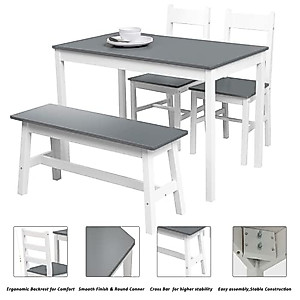 Solid Wood 4 PC Dining Table and Chair Set, Bench, Rectangular, Modern Farmhouse Dinette Table Set for Kitchen, Dining Room, Easy Assembly