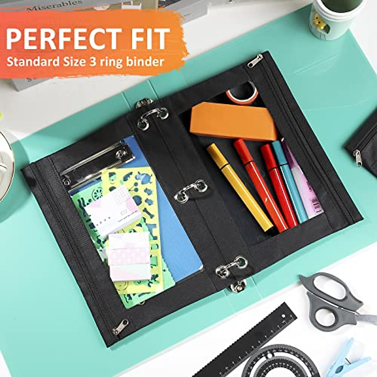 Marspark 48 Pieces 3 Ring Pencil Pouch Bag Bulk Zipper Pouches for 3 Ring Binder with Clear Window for Pencil Cases Office Supplies(Black)