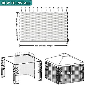Durcover 10x12ft Universal Replacement Mosquito Netting, Gazebo Netting with Zippers for Outdoor Garden Patio Gazebo 4-Panel Screen Sidewalls, Black (Mosquito Net Only)