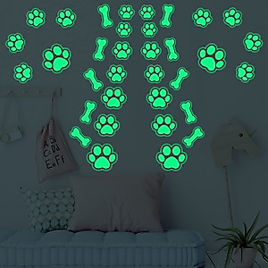 127 Pcs Dog Paw Print Stickers Glow in The Dark Wall Decals Dog Paw Print Wall Decor Dog Wall Stickers Decals Luminous Removable Vinyl Dog Paw Bone Wall Decals for Kids Nursery Bedroom (Green Light)